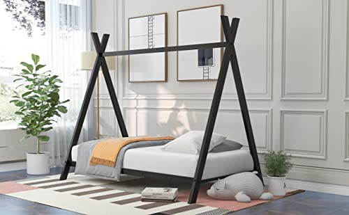 Cute Twin Bed Frame, Twin Metal Bed Frames Black Platform Bed Frame Metal Floor Play House Bed with Slat 75 Inch