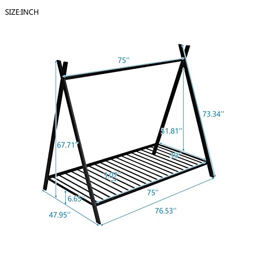 Cute Twin Bed Frame, Twin Metal Bed Frames Black Platform Bed Frame Metal Floor Play House Bed with Slat 75 Inch