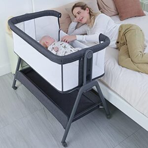 angelbliss baby bassinet bedside crib with storage basket and wheels, easy folding bed side sleeper adjustable height portable crib for newborn