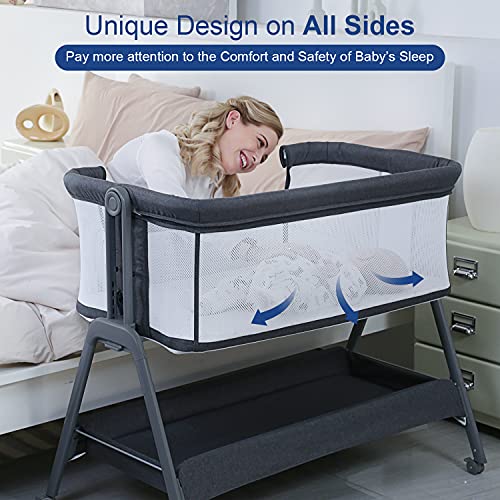 ANGELBLISS Baby Bassinet Bedside Crib with Storage Basket and Wheels, Easy Folding Bed Side Sleeper Adjustable Height Portable Crib for Newborn