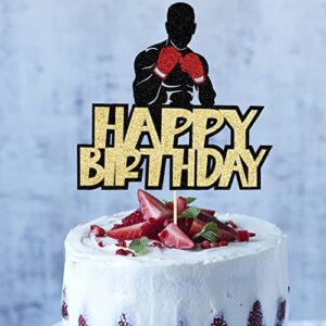 Happy Birthday Cake Topper，Black Glitter Boxing Cake Decorations，Sports Birthday Theme Party Cake Decoration Supplies