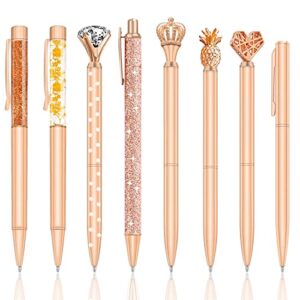 8 pcs rose gold ballpoint pens set, metal crystal diamond pen with black ink, liquid sand glitter pen fancy pens for women girls, smooth writing pens for office school gifts party supplies (rose gold)