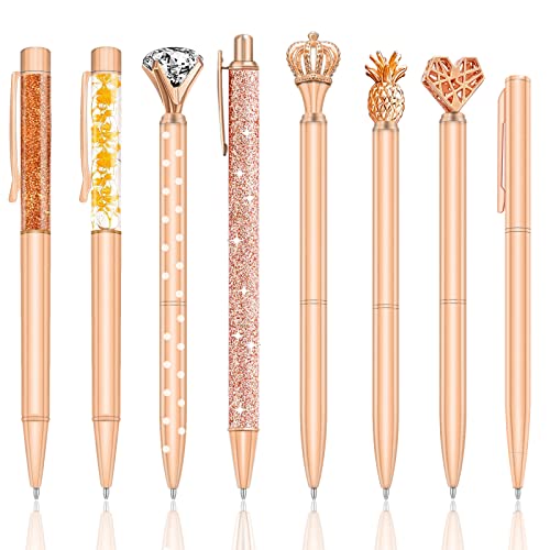 8 Pcs Rose Gold Ballpoint Pens Set, Metal Crystal Diamond Pen with Black Ink, Liquid Sand Glitter Pen Fancy Pens for Women Girls, Smooth Writing Pens for Office School Gifts Party Supplies (Rose Gold)