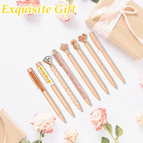 8 Pcs Rose Gold Ballpoint Pens Set, Metal Crystal Diamond Pen with Black Ink, Liquid Sand Glitter Pen Fancy Pens for Women Girls, Smooth Writing Pens for Office School Gifts Party Supplies (Rose Gold)