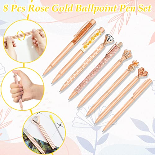 8 Pcs Rose Gold Ballpoint Pens Set, Metal Crystal Diamond Pen with Black Ink, Liquid Sand Glitter Pen Fancy Pens for Women Girls, Smooth Writing Pens for Office School Gifts Party Supplies (Rose Gold)