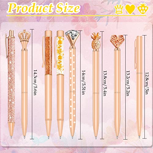 8 Pcs Rose Gold Ballpoint Pens Set, Metal Crystal Diamond Pen with Black Ink, Liquid Sand Glitter Pen Fancy Pens for Women Girls, Smooth Writing Pens for Office School Gifts Party Supplies (Rose Gold)