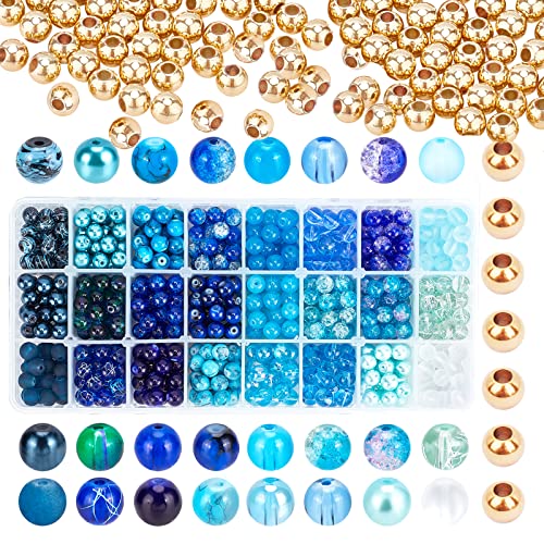 PH PandaHall 648pcs 8mm Blue Glass Beads 300pcs 4mm 14K Gold Plated Beads Long-Lasting Round Smooth Spacer Bead Seamless Loose Ball Beads for Summer Hawaii Stackable Necklace Bracelet Earring Making