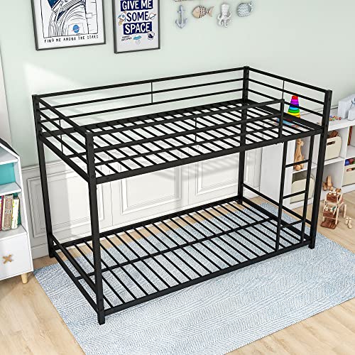 KARHIBLY Metal Bunk Bed Twin Over Twin, Low Bunk Bed with Metal Frame and Ladder, No Box Spring Needed,Twin Bed Frame for Boys and Girls, Black