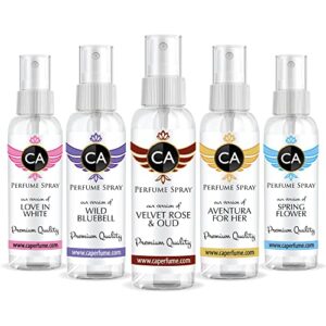 ca perfume niche women set impression of (love in white + spring flower + aventura for her + velvet rose oud + wildblubell) fragrance sample travel size parfum sprayer (2 fl oz/60 ml) x 5