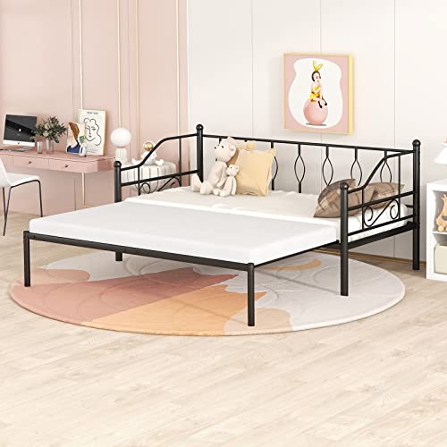 Bed Frames Twin, Twin Bed Platform Bed Bed Frame Black Steel with Trundle No Box Required, Easy Assembly 78.7 Inch