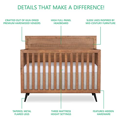 Evolur Stilnovo Mid Century 4-in-1 Convertible Crib in Sugarcane, Greenguard Gold Certified, 3 Mattress Height Settings, Modern Nursery, Wooden Furniture