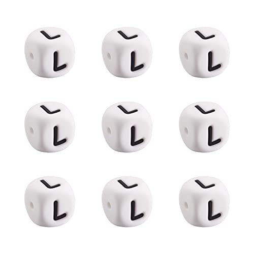 Crafans 100Pcs 12mm Silicone Cube Letter Beads White English Alphabet Letter L Vowel Loose Spacer Beads Initial Cube Dice Beads for Jewelry Making