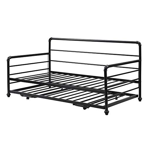 Twin Size Sofa Bed with Adjustable Trundle, Metal Frame Daybed for Living Room and Bedroom, Pop Up Trundle, No Box Spring Needed, Black