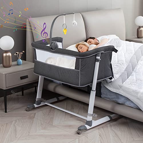 Baby Bassinet, Yacul Bedside Crib Sleeper with Wheels and Music Box, Height Adjustable fit for Bed Height 19" - 26.5", Portable, Dark Gray