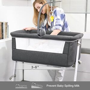 Baby Bassinet, Yacul Bedside Crib Sleeper with Wheels and Music Box, Height Adjustable fit for Bed Height 19" - 26.5", Portable, Dark Gray