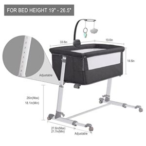 Baby Bassinet, Yacul Bedside Crib Sleeper with Wheels and Music Box, Height Adjustable fit for Bed Height 19" - 26.5", Portable, Dark Gray