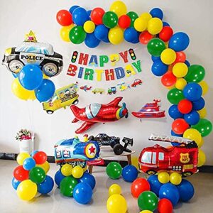 BIRLON Construction Birthday Party Supply, Transport Vehicle Theme Decoration for Boy Baby Shower, Red Green Yellow Blue Balloon Garland Arch Kit Car Reusable Truck Plane Train Police School Bus Foil