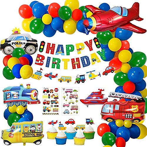 BIRLON Construction Birthday Party Supply, Transport Vehicle Theme Decoration for Boy Baby Shower, Red Green Yellow Blue Balloon Garland Arch Kit Car Reusable Truck Plane Train Police School Bus Foil