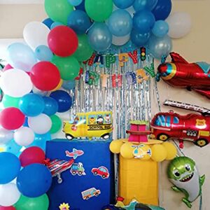 BIRLON Construction Birthday Party Supply, Transport Vehicle Theme Decoration for Boy Baby Shower, Red Green Yellow Blue Balloon Garland Arch Kit Car Reusable Truck Plane Train Police School Bus Foil