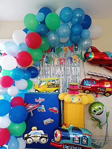 BIRLON Construction Birthday Party Supply, Transport Vehicle Theme Decoration for Boy Baby Shower, Red Green Yellow Blue Balloon Garland Arch Kit Car Reusable Truck Plane Train Police School Bus Foil