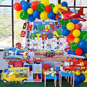 BIRLON Construction Birthday Party Supply, Transport Vehicle Theme Decoration for Boy Baby Shower, Red Green Yellow Blue Balloon Garland Arch Kit Car Reusable Truck Plane Train Police School Bus Foil