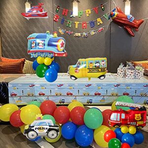 BIRLON Construction Birthday Party Supply, Transport Vehicle Theme Decoration for Boy Baby Shower, Red Green Yellow Blue Balloon Garland Arch Kit Car Reusable Truck Plane Train Police School Bus Foil