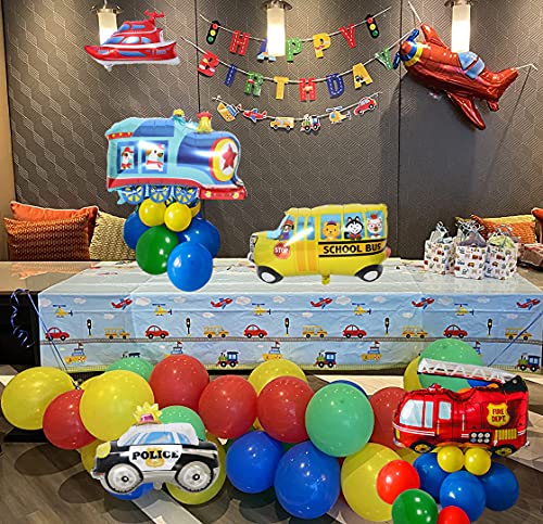 BIRLON Construction Birthday Party Supply, Transport Vehicle Theme Decoration for Boy Baby Shower, Red Green Yellow Blue Balloon Garland Arch Kit Car Reusable Truck Plane Train Police School Bus Foil