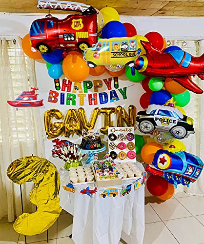 BIRLON Construction Birthday Party Supply, Transport Vehicle Theme Decoration for Boy Baby Shower, Red Green Yellow Blue Balloon Garland Arch Kit Car Reusable Truck Plane Train Police School Bus Foil