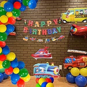 BIRLON Construction Birthday Party Supply, Transport Vehicle Theme Decoration for Boy Baby Shower, Red Green Yellow Blue Balloon Garland Arch Kit Car Reusable Truck Plane Train Police School Bus Foil