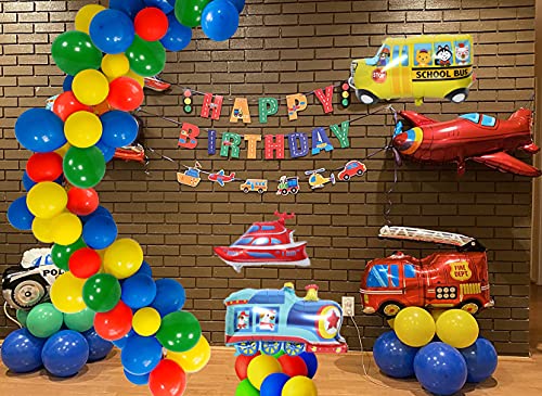 BIRLON Construction Birthday Party Supply, Transport Vehicle Theme Decoration for Boy Baby Shower, Red Green Yellow Blue Balloon Garland Arch Kit Car Reusable Truck Plane Train Police School Bus Foil