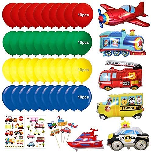 BIRLON Construction Birthday Party Supply, Transport Vehicle Theme Decoration for Boy Baby Shower, Red Green Yellow Blue Balloon Garland Arch Kit Car Reusable Truck Plane Train Police School Bus Foil