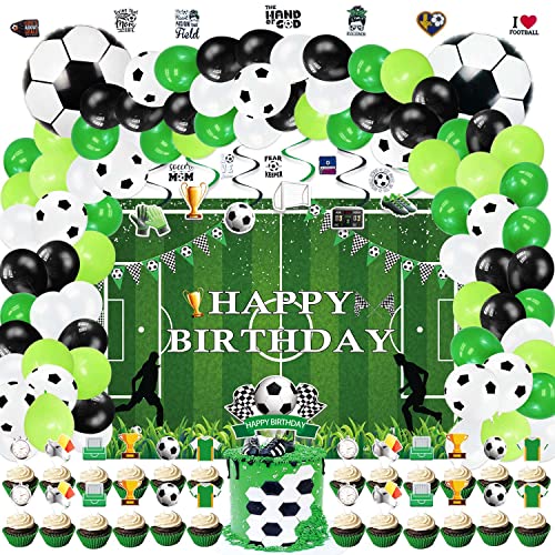 Soccer Birthday Party Decorations, 178 Pcs Soccer Ball Theme Party Supplies for Boys Baby - Banner, Cake, and Cupcake Toppers, Balloons. Hanging Swirl, Backdrop, Soccer Stickers