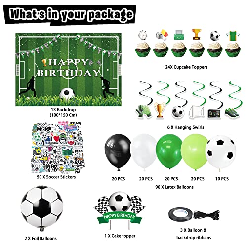 Soccer Birthday Party Decorations, 178 Pcs Soccer Ball Theme Party Supplies for Boys Baby - Banner, Cake, and Cupcake Toppers, Balloons. Hanging Swirl, Backdrop, Soccer Stickers