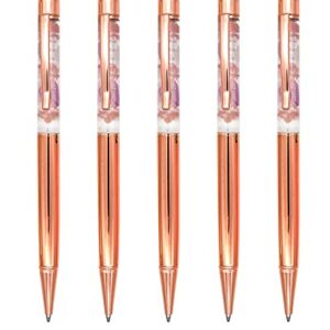 Gullor 5 Pieces Liquid Floral Ballpoint Pens for Gift, Fancy Metal Unique Flower Set for Desk Accessories, Rose gold