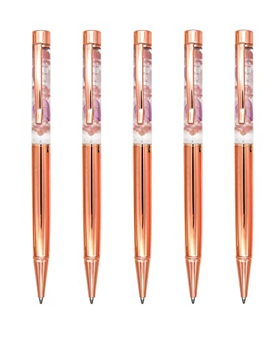 Gullor 5 Pieces Liquid Floral Ballpoint Pens for Gift, Fancy Metal Unique Flower Set for Desk Accessories, Rose gold