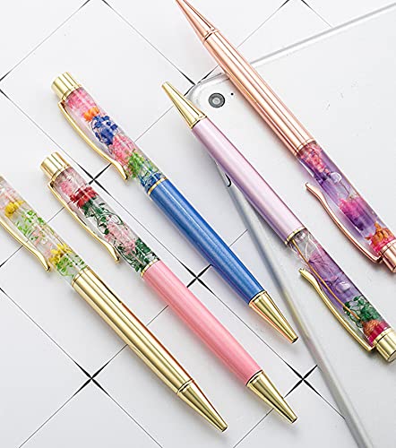 Gullor 5 Pieces Liquid Floral Ballpoint Pens for Gift, Fancy Metal Unique Flower Set for Desk Accessories, Rose gold