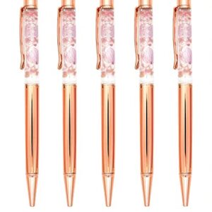 Gullor 5 Pieces Liquid Floral Ballpoint Pens for Gift, Fancy Metal Unique Flower Set for Desk Accessories, Rose gold