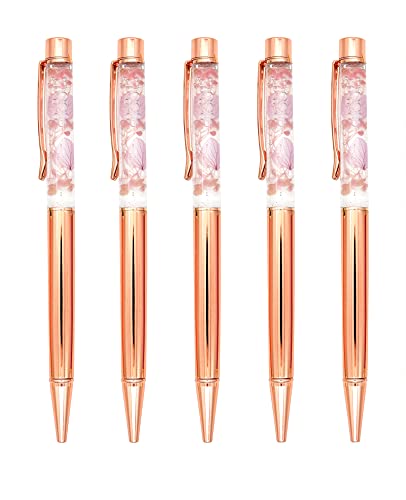 Gullor 5 Pieces Liquid Floral Ballpoint Pens for Gift, Fancy Metal Unique Flower Set for Desk Accessories, Rose gold