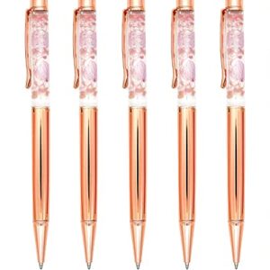 Gullor 5 Pieces Liquid Floral Ballpoint Pens for Gift, Fancy Metal Unique Flower Set for Desk Accessories, Rose gold