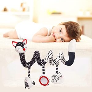 Car Seat Toys for Babies 0-6 Months, Black White Stroller Toy Stretch Baby Spiral Plush Toys, Hanging Rattle Toys for Crib Mobile, Newborn Sensory Toy Best Gift for 0 3 6 9 12 Months(Fox)