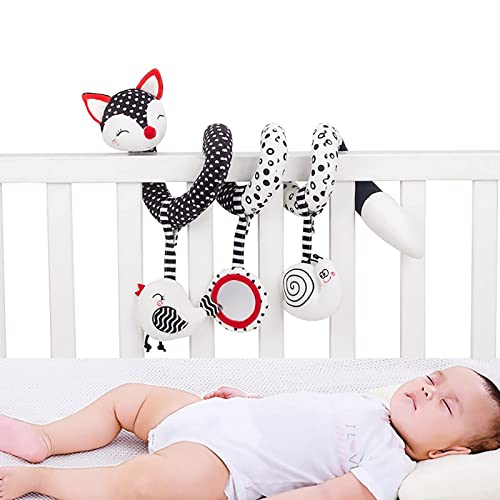 Car Seat Toys for Babies 0-6 Months, Black White Stroller Toy Stretch Baby Spiral Plush Toys, Hanging Rattle Toys for Crib Mobile, Newborn Sensory Toy Best Gift for 0 3 6 9 12 Months(Fox)