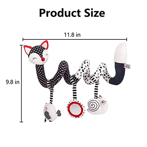 Car Seat Toys for Babies 0-6 Months, Black White Stroller Toy Stretch Baby Spiral Plush Toys, Hanging Rattle Toys for Crib Mobile, Newborn Sensory Toy Best Gift for 0 3 6 9 12 Months(Fox)