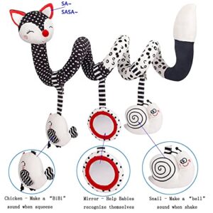 Car Seat Toys for Babies 0-6 Months, Black White Stroller Toy Stretch Baby Spiral Plush Toys, Hanging Rattle Toys for Crib Mobile, Newborn Sensory Toy Best Gift for 0 3 6 9 12 Months(Fox)