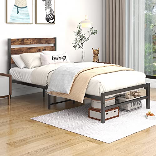 VERFARM Platform Twin Metal Bed Frame with Rustic Vintage Wood Headboard, Mattress Foundation, Strong Metal Slats Support, No Box Spring Needed