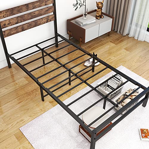 VERFARM Platform Twin Metal Bed Frame with Rustic Vintage Wood Headboard, Mattress Foundation, Strong Metal Slats Support, No Box Spring Needed