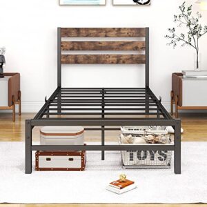 VERFARM Platform Twin Metal Bed Frame with Rustic Vintage Wood Headboard, Mattress Foundation, Strong Metal Slats Support, No Box Spring Needed