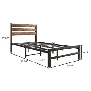 VERFARM Platform Twin Metal Bed Frame with Rustic Vintage Wood Headboard, Mattress Foundation, Strong Metal Slats Support, No Box Spring Needed