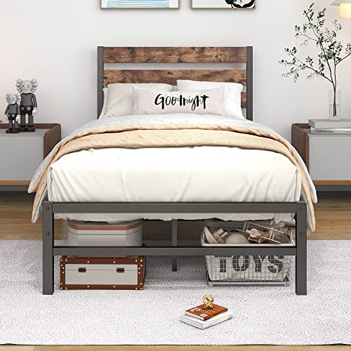 VERFARM Platform Twin Metal Bed Frame with Rustic Vintage Wood Headboard, Mattress Foundation, Strong Metal Slats Support, No Box Spring Needed