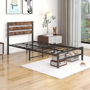 VERFARM Platform Twin Metal Bed Frame with Rustic Vintage Wood Headboard, Mattress Foundation, Strong Metal Slats Support, No Box Spring Needed