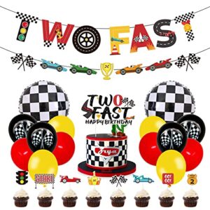 pratyus race car two fast birthday decorations for kids boys racing theme 2nd party supplies with banner, cake toppers and checkered balloons for let's go racing theme party